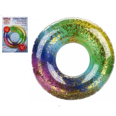 Rainbow Glitter Large Swim Ring with Handles - 122cm | Wholesale